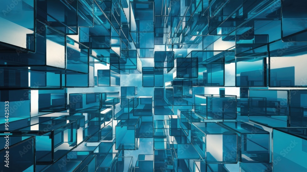 Elegant abstract background featuring geometric structures of blue glass cubes with refraction ...