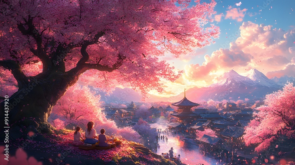 Joyful Spring Cherry Blossom viewing with animated characters enjoying ...