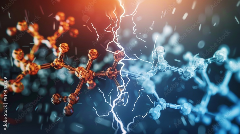 Abstract digital art depicting two molecular structures connected by a ...