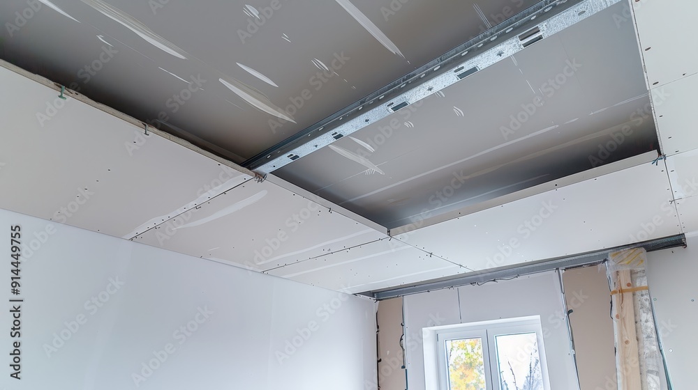 Close-up view of a drywall ceiling installation in progress, showing ...