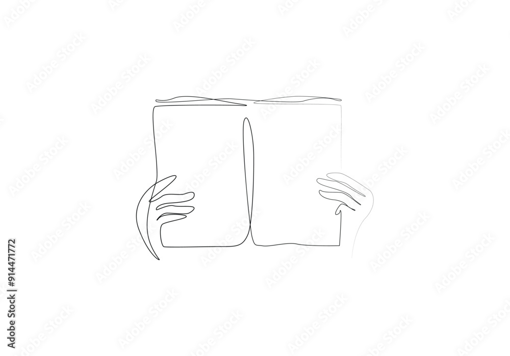 Single line drawing of hand holding book. Continues one line design of ...