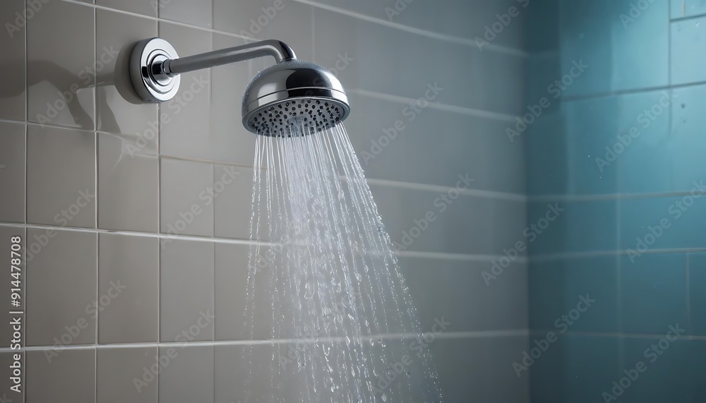 Water droplets falling from modern showerhead in the modern house villa ...