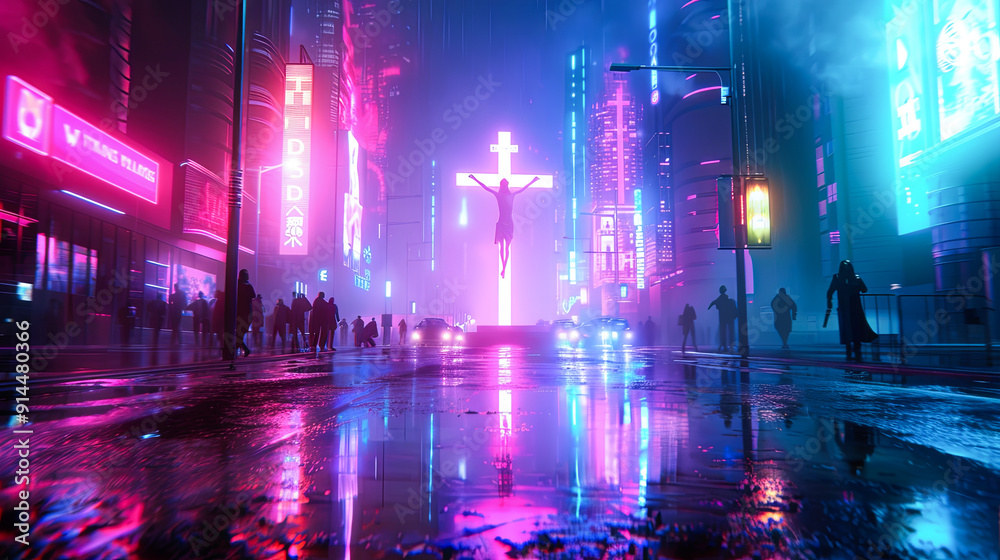 Jesus Christ on the cross in futuristic cyberpunk city with neon lights ...