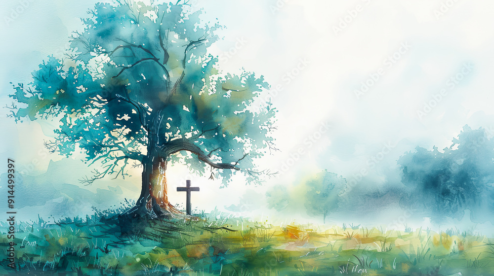 Watercolor painting of christian cross under green tree faith hope love ...