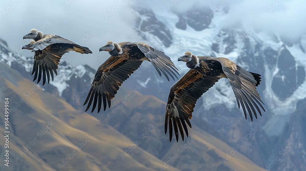 Group of Andean Condors Vultur gryphus gliding effortlessly thermals ...