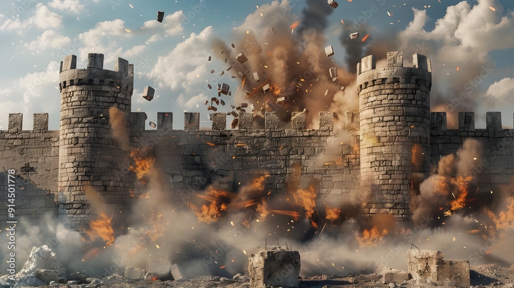 Jericho's walls are destroyed. crumbling walls of a medieval castle ...