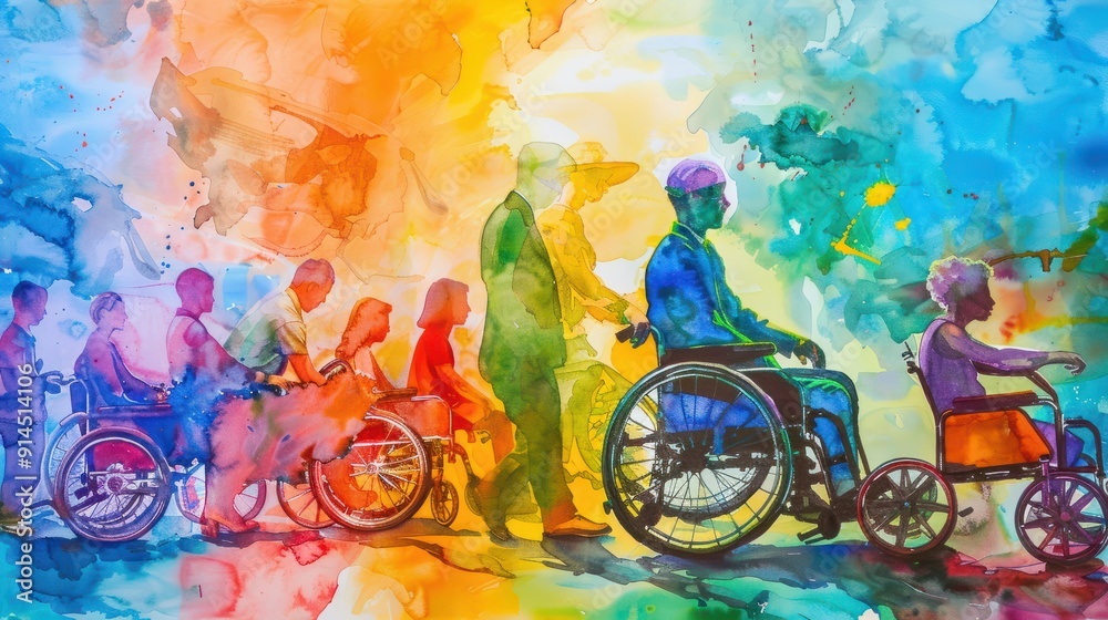Colorful art watercolor painting depicts a diverse group of ...