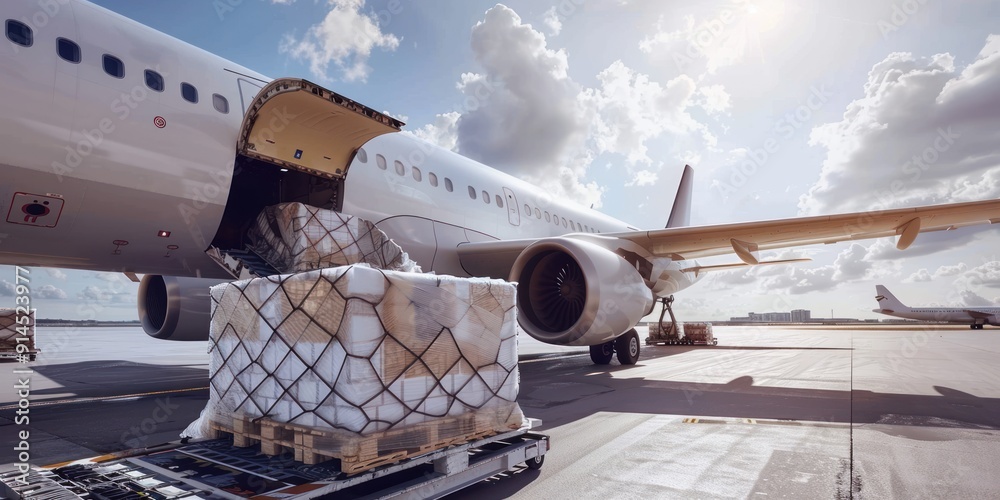 Air cargo plane logistic containers are loaded onto an airplane. Air ...
