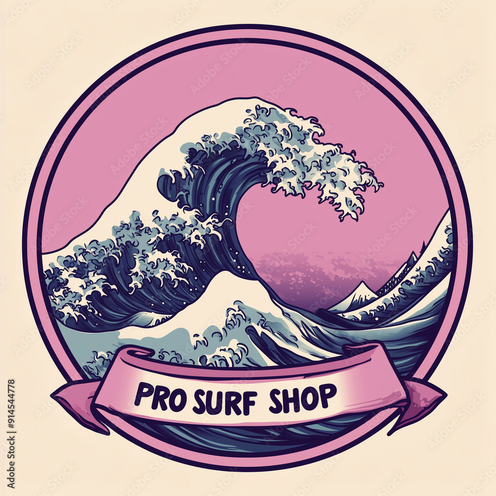 A retro-styled surf shop logo featuring a bold, cresting wave against a ...