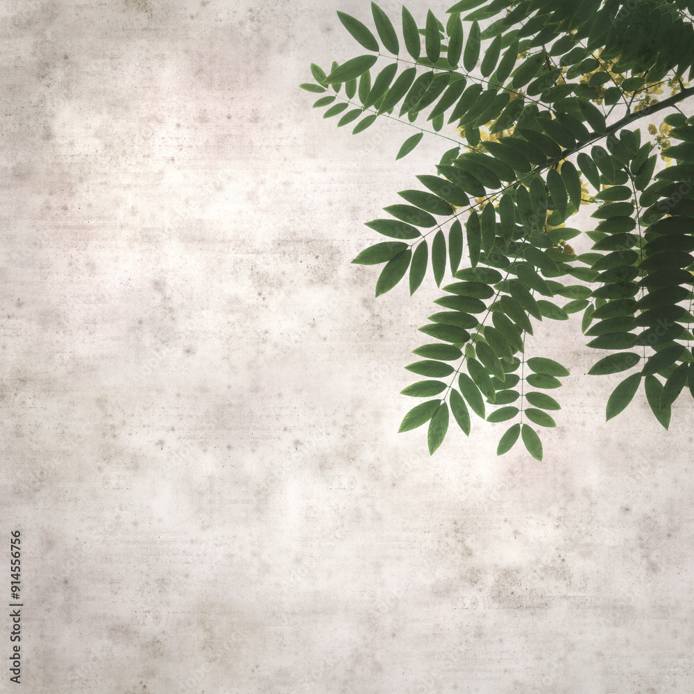 textured stylish old paper background, square, with leaves of Senna ...