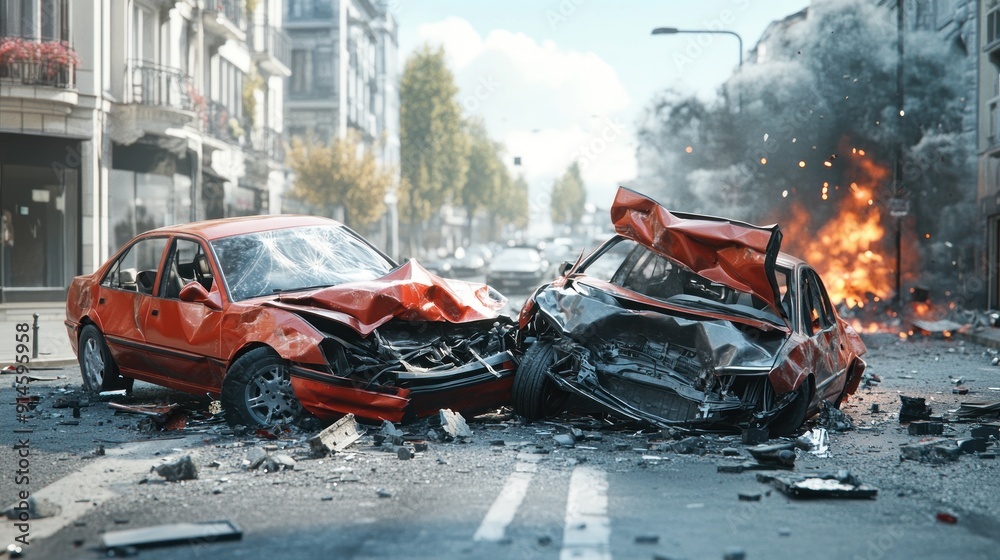 Two cars damaged in head on collision on street, vehicle crash scene ...