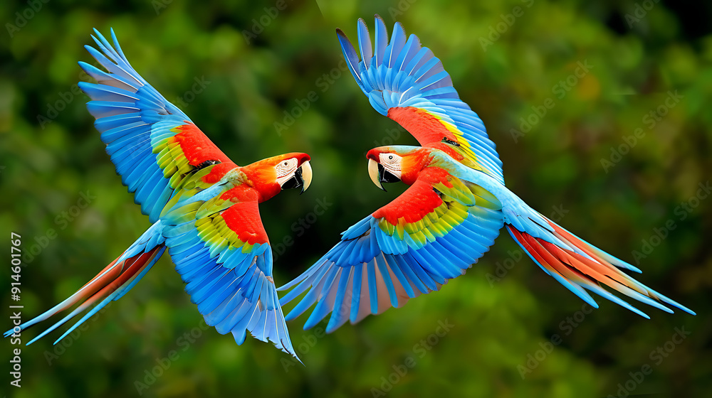 two vibrant parrots in mid-flight against a blurred green foliage ...