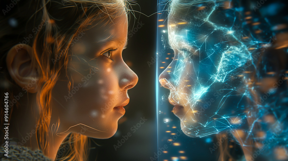Digital Native Concept, Little Girl Facing her Online Reflection Twin ...