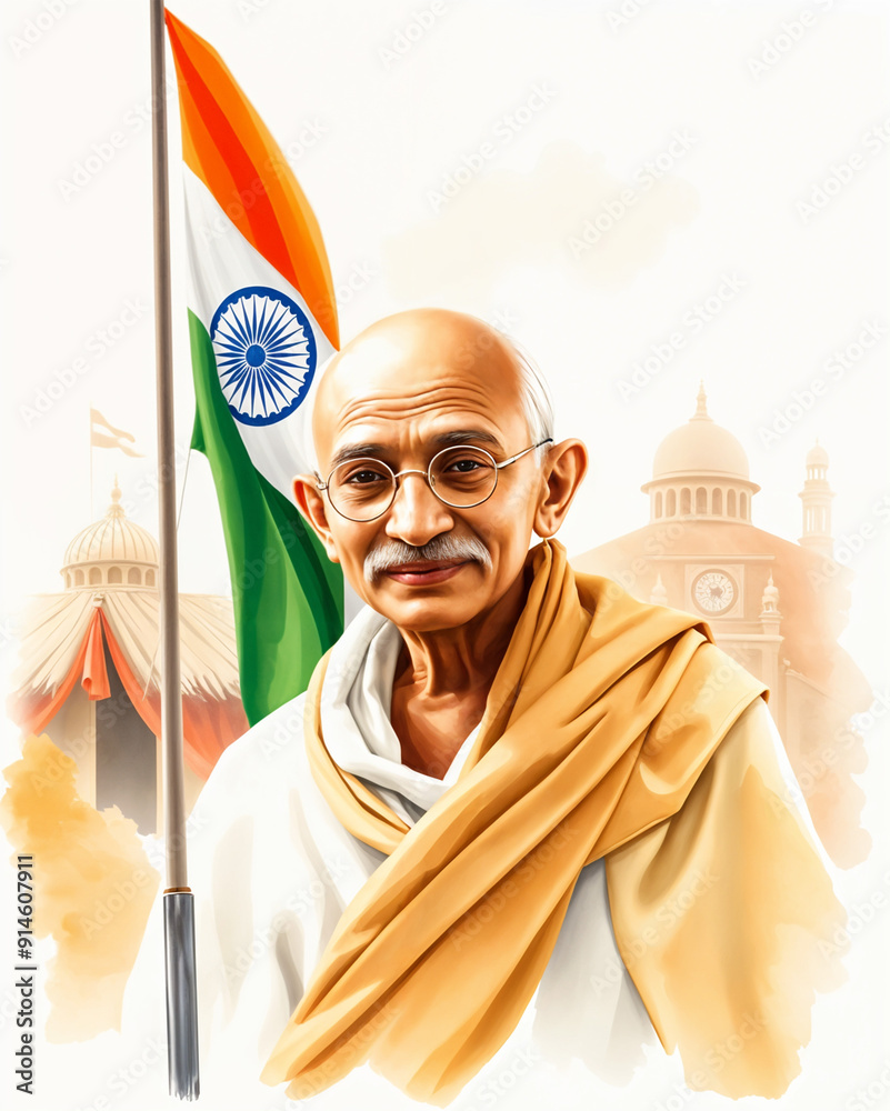 Dynamic Watercolor of Mahatma Gandhi with Charkha and Indian Flag: A ...