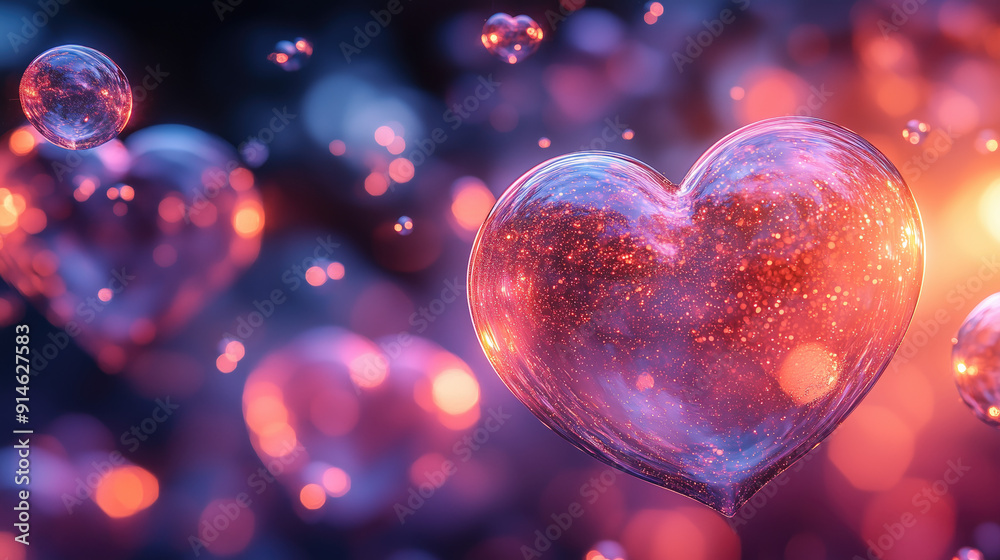 Fondo violeta destacado por varias burbujas de corazones, trasparentes ...
