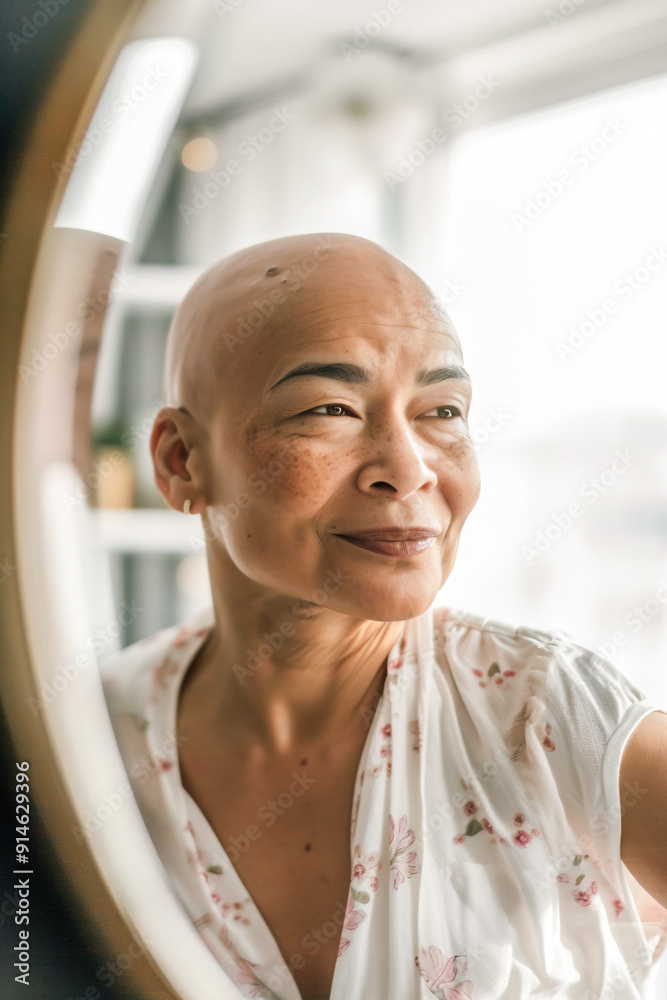 Southeast Asian mature bald Lady recovering from breast cancer looking ...