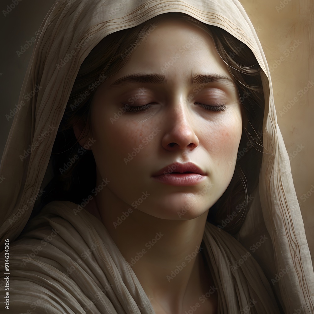 A tender and emotional depiction of Mary, the mother of Jesus, with ...
