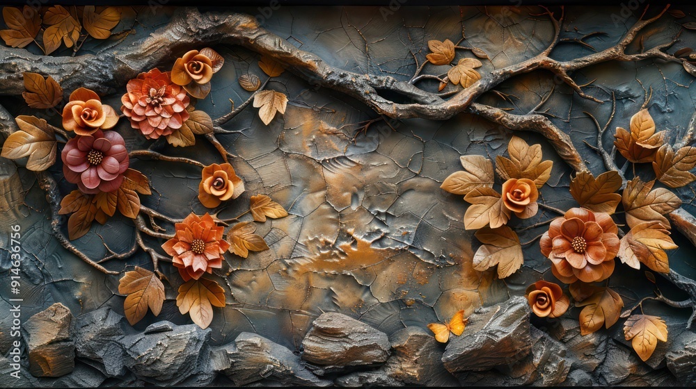 3D relief wallpaper with painting of lifelike tree bark textures and ...