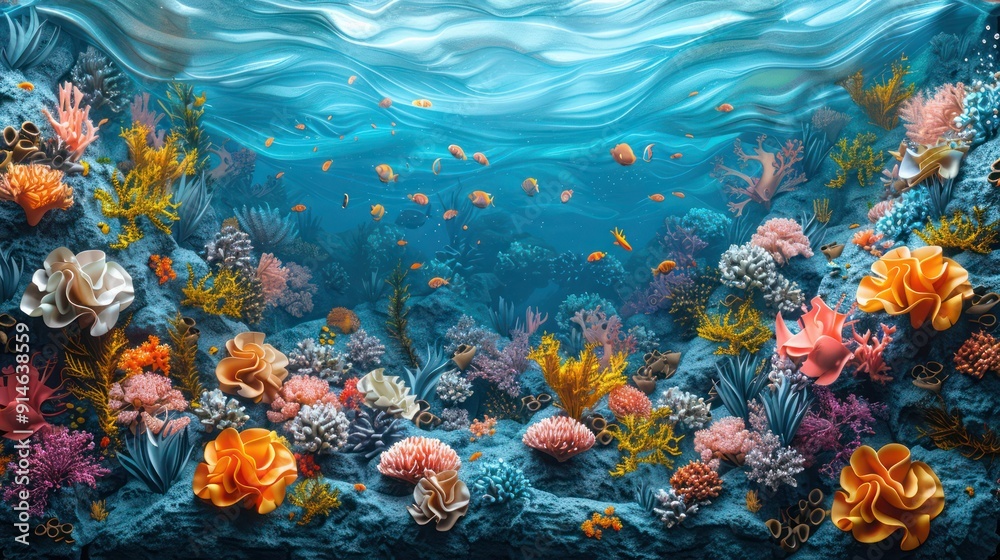 3D relief wallpaper with painting of coral reefs, marine life, and ...