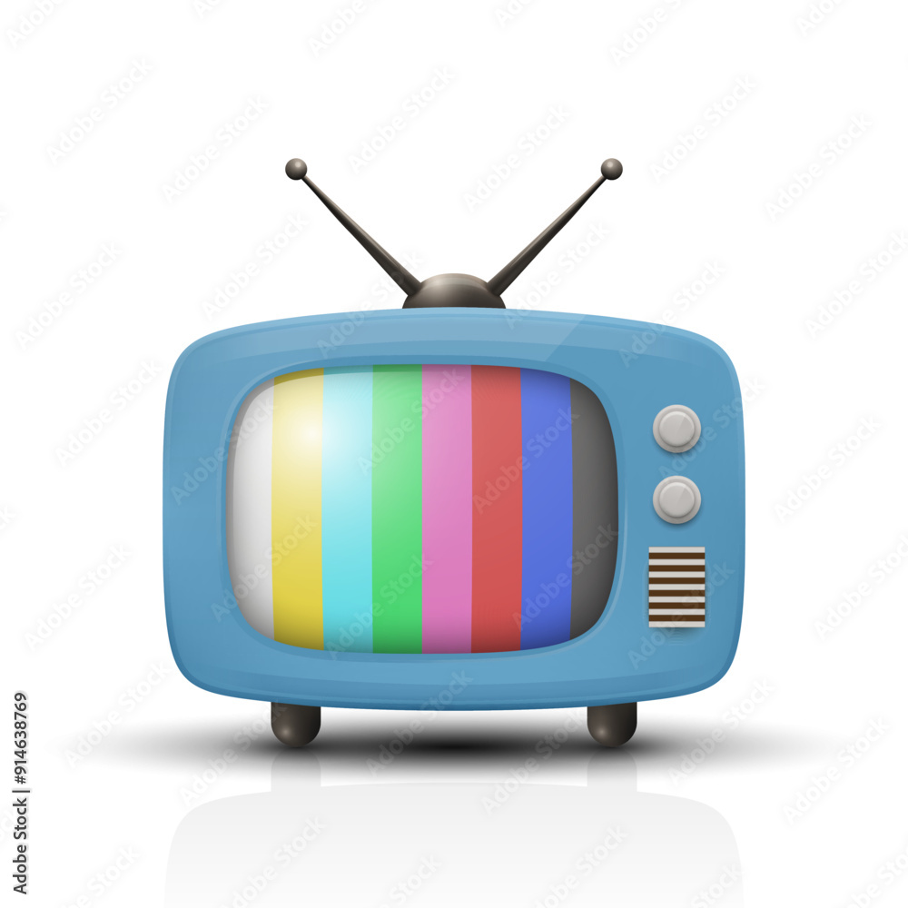 Realistic Vector Vintage Blue TV Set Icon with Striped Test Pattern ...