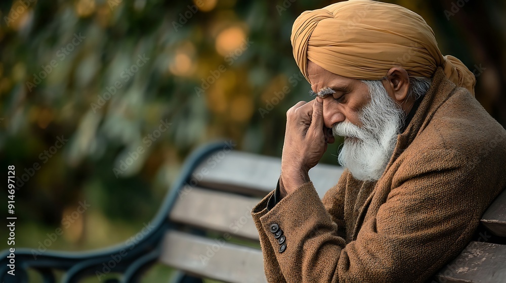 Old sikh man feeling alone Closeup of sad tensed and depressed senior ...