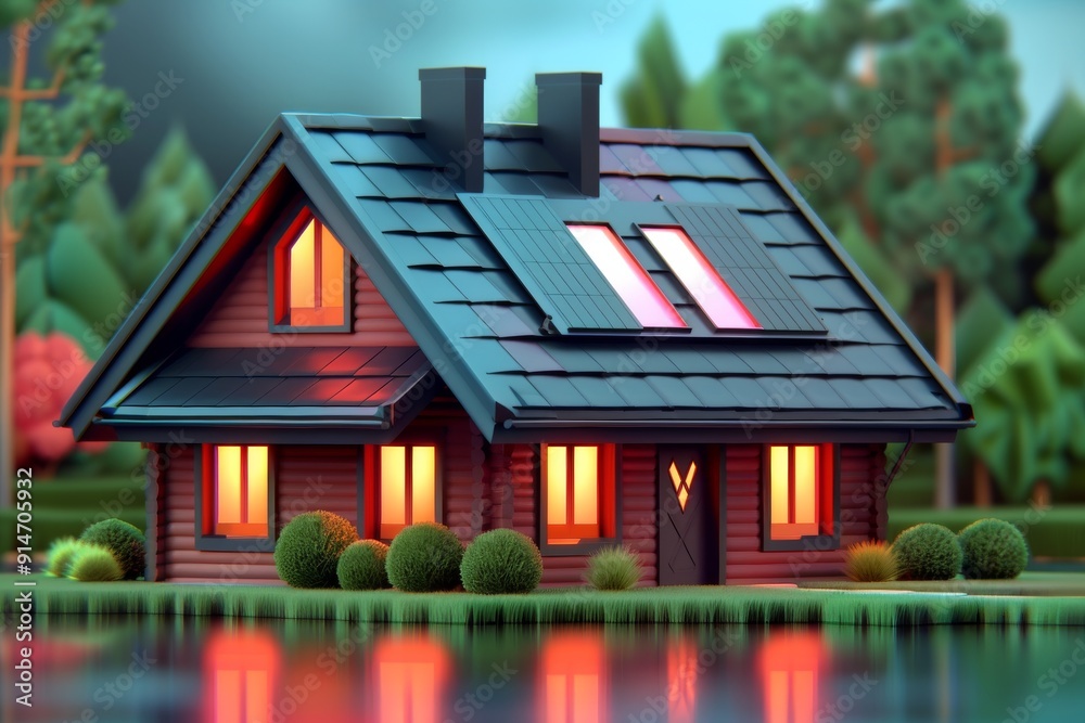 Photorealistic rendering of a cozy log cabin by a serene lake blending ...