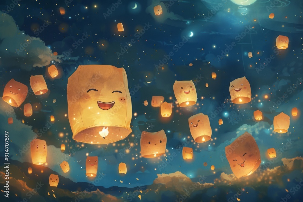 A whimsical illustration of animated Obon lanterns with smiling faces ...