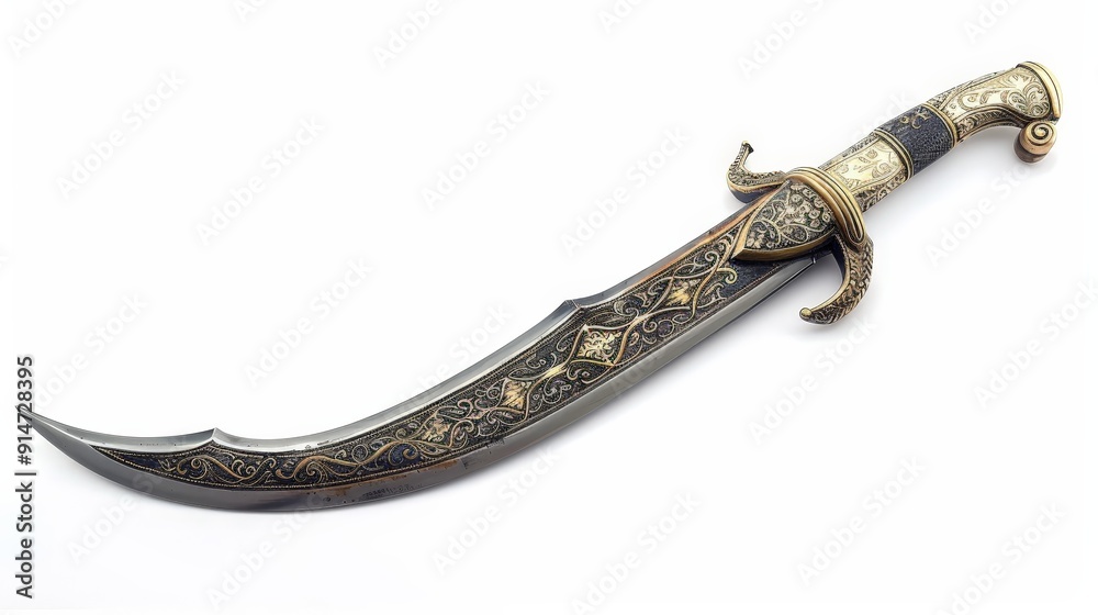 A decorative saber with a curved blade and an intricate hilt design ...