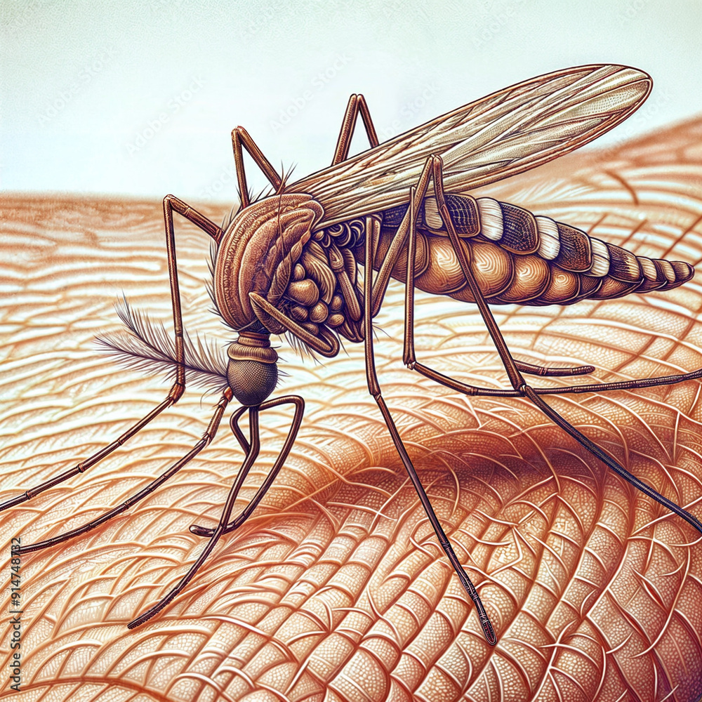 The mosquito's detailed body and legs are prominently displayed, with ...