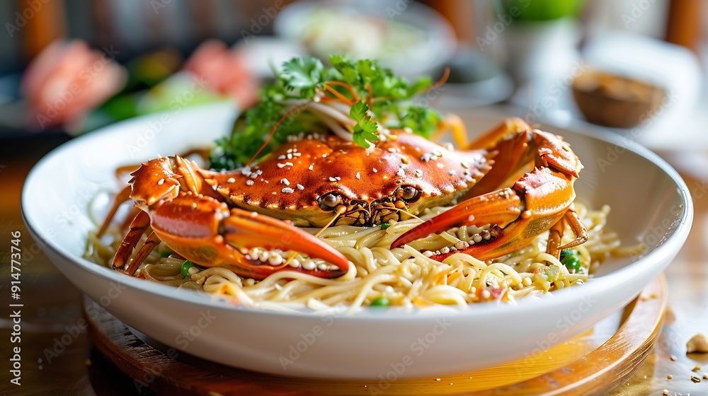 Thai style green curry coconut creamy spaghetti deep fried soft shell ...