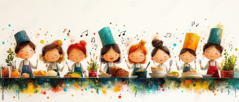 Cartoon of cheerful characters setting a table with ingredients ...