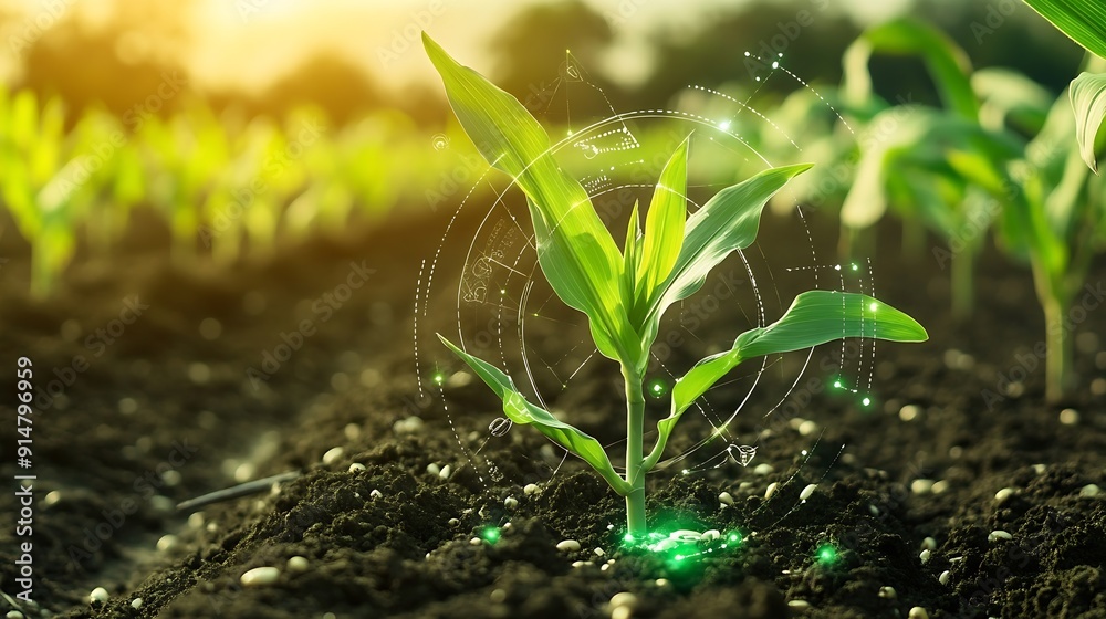 Maize seedling in cultivated agricultural field with graphic concepts ...