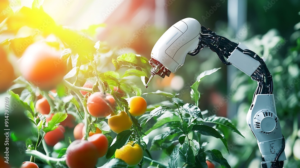 AI Farmer use smartphone and robotics assistant Pollinate of fruits and ...