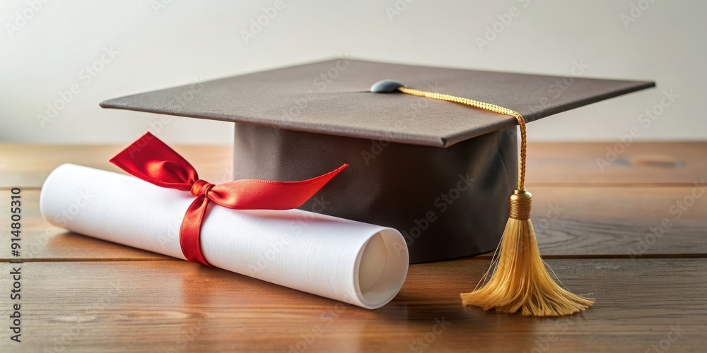 of graduation cap on top of certificate celebrating passing final exam ...