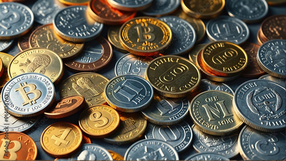 Muchas monedas en el fondo. Simboliza la economía mundial. Monedas de ...