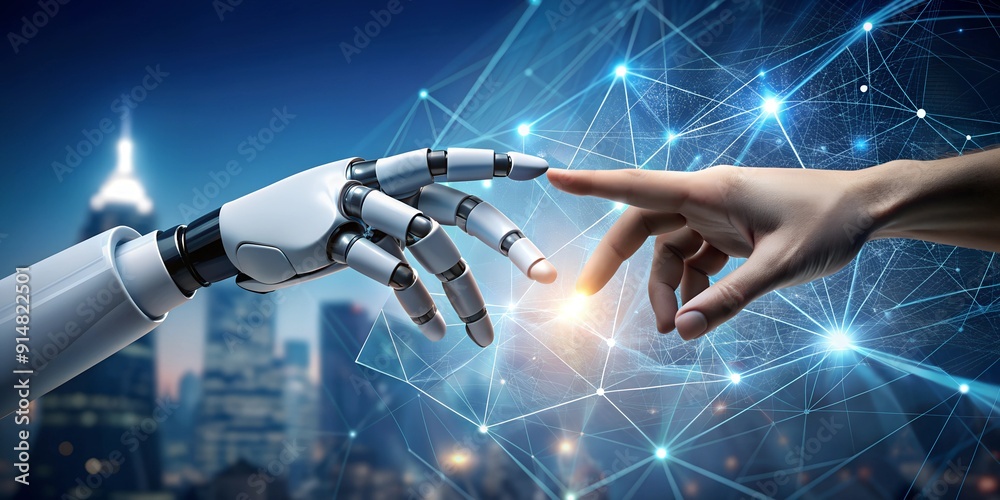 AI. Artificial intelligence. Robot hand touching human. The connection ...