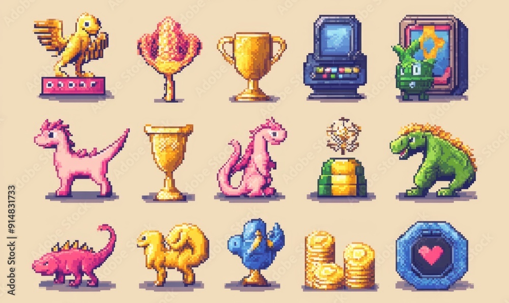 Retro Gaming Pixel Art: Nostalgic 8-Bit Icons and Characters. Colorful ...