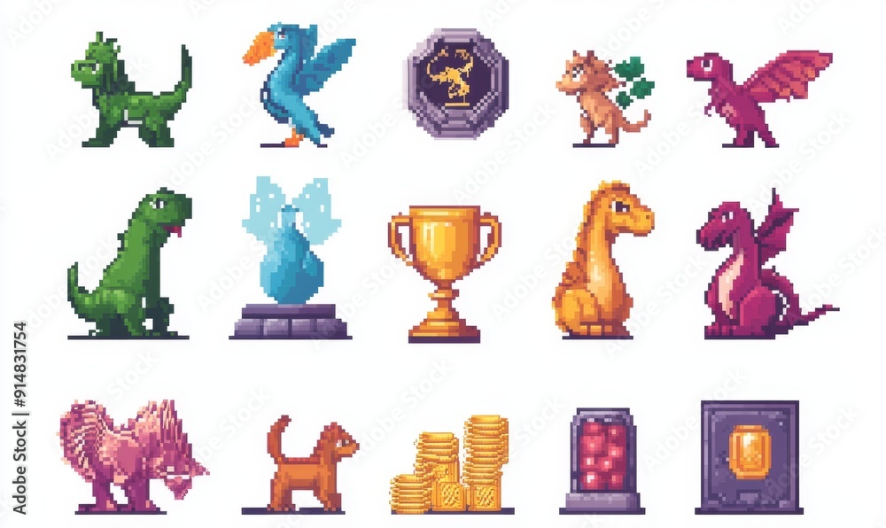 Retro Gaming Pixel Art: Nostalgic 8-Bit Icons and Characters. Colorful ...