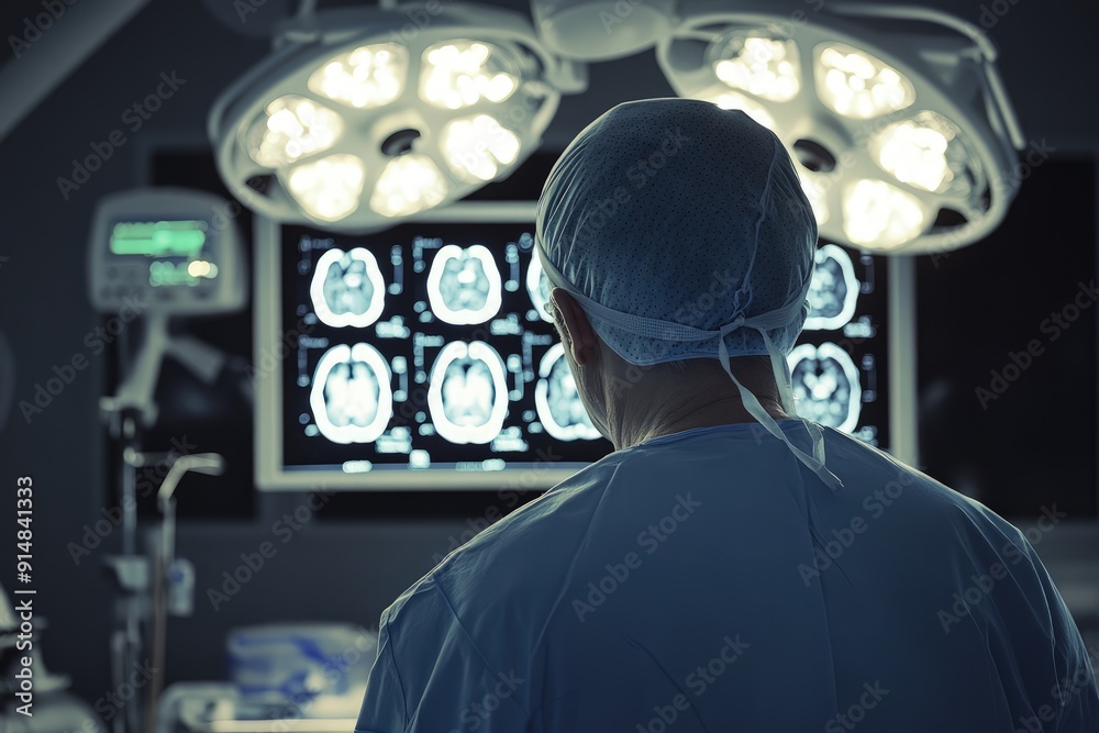 Doctor Examining Brain X-Ray Film in Operating Room from a Rear View ...