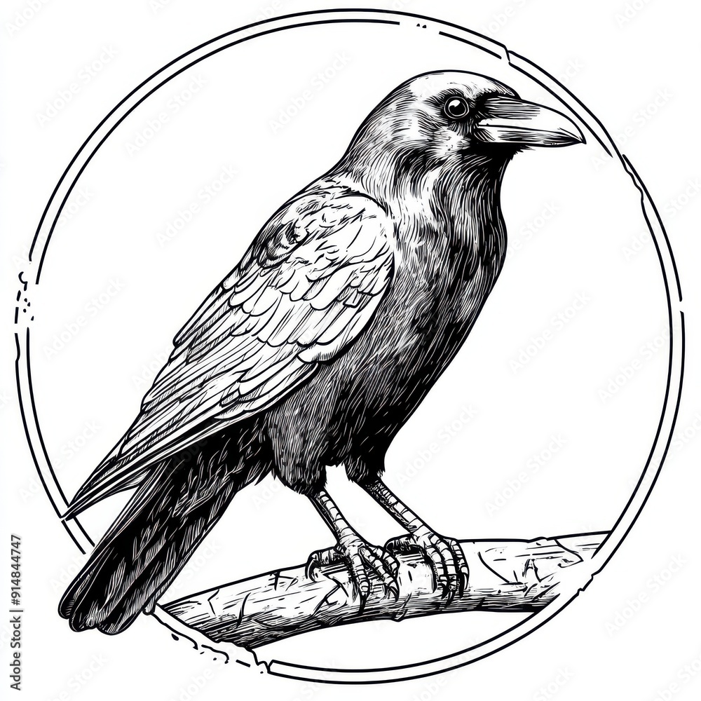 Black and white Vintage engraved art of a raven in a circular stamp ...