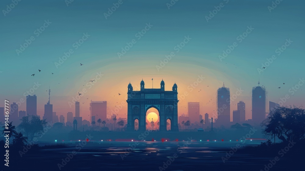 Minimalism illustration, silhouette of the Mumbai skyline with Gateway ...