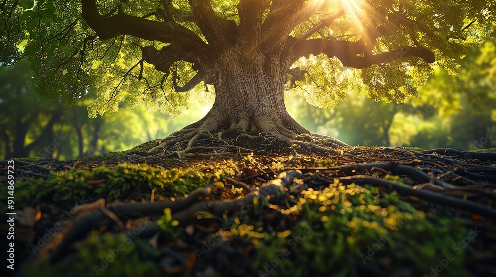 Ancient tree with deep roots supporting various plants and animals ...