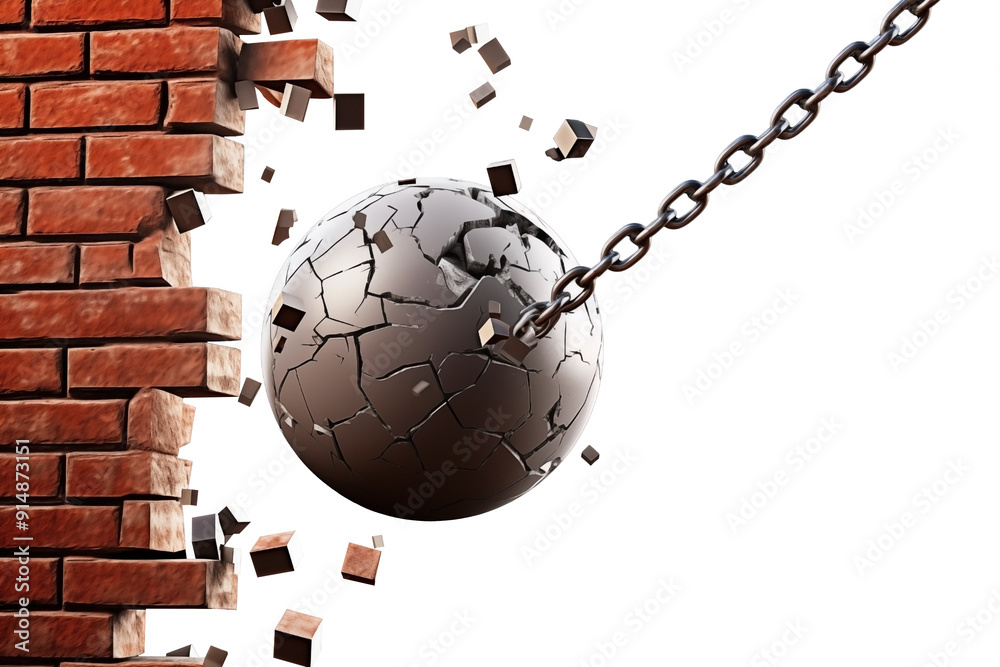 Wrecking ball Attached to a chain Destroying a brick wall PNG isolated ...