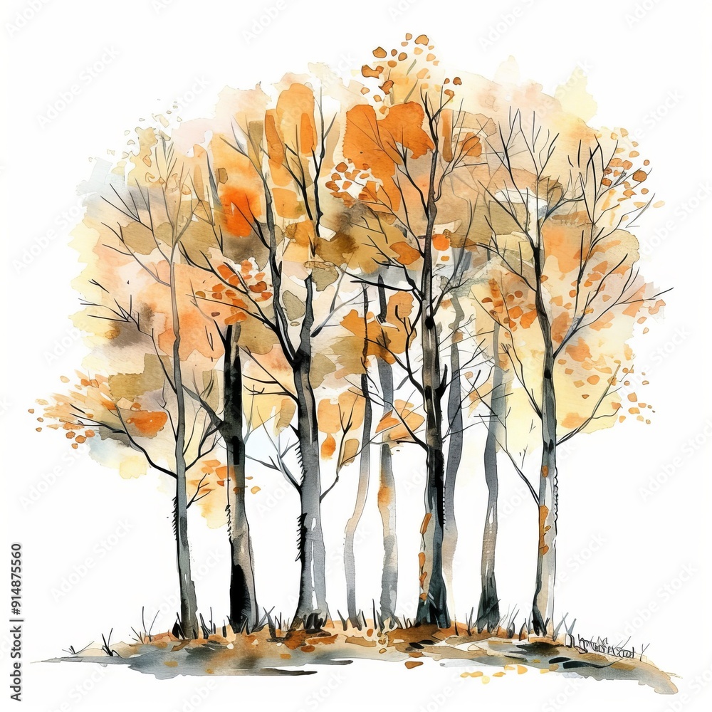 Watercolor painting of beech trees in the woods, on isolated white ...