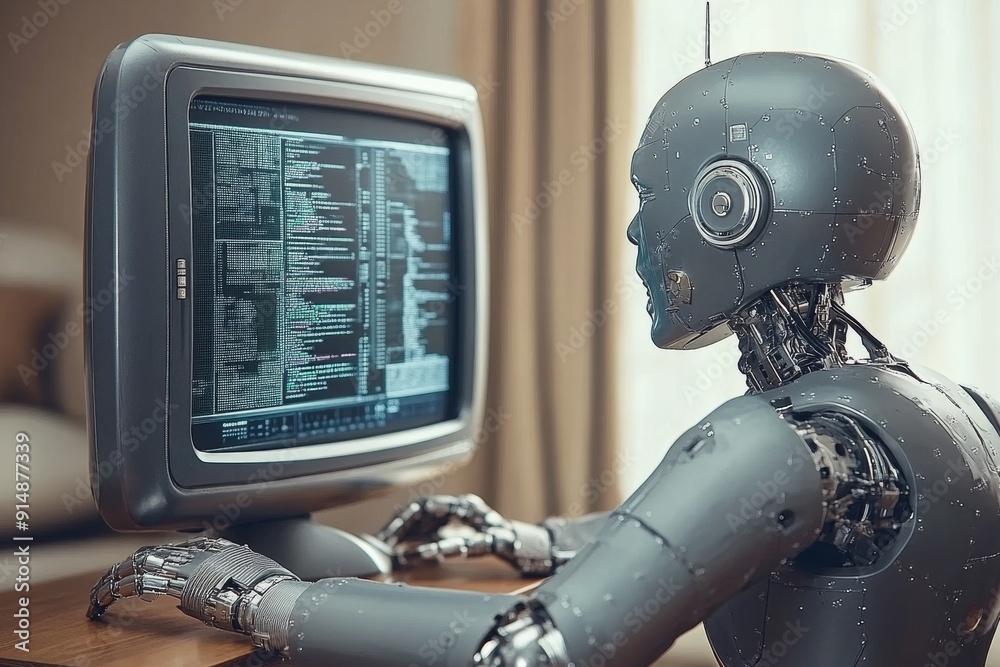 Cybernetic humanoid interfacing with futuristic computer systems a ...