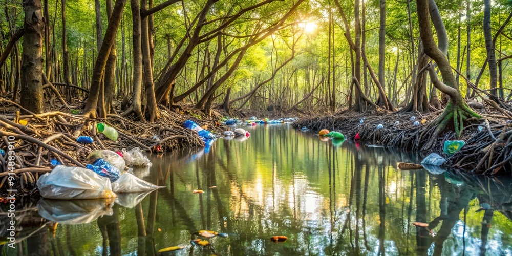 Plastic trash tangled on mangrove trees in a polluted forest, pollution, environment, ecosystem ...