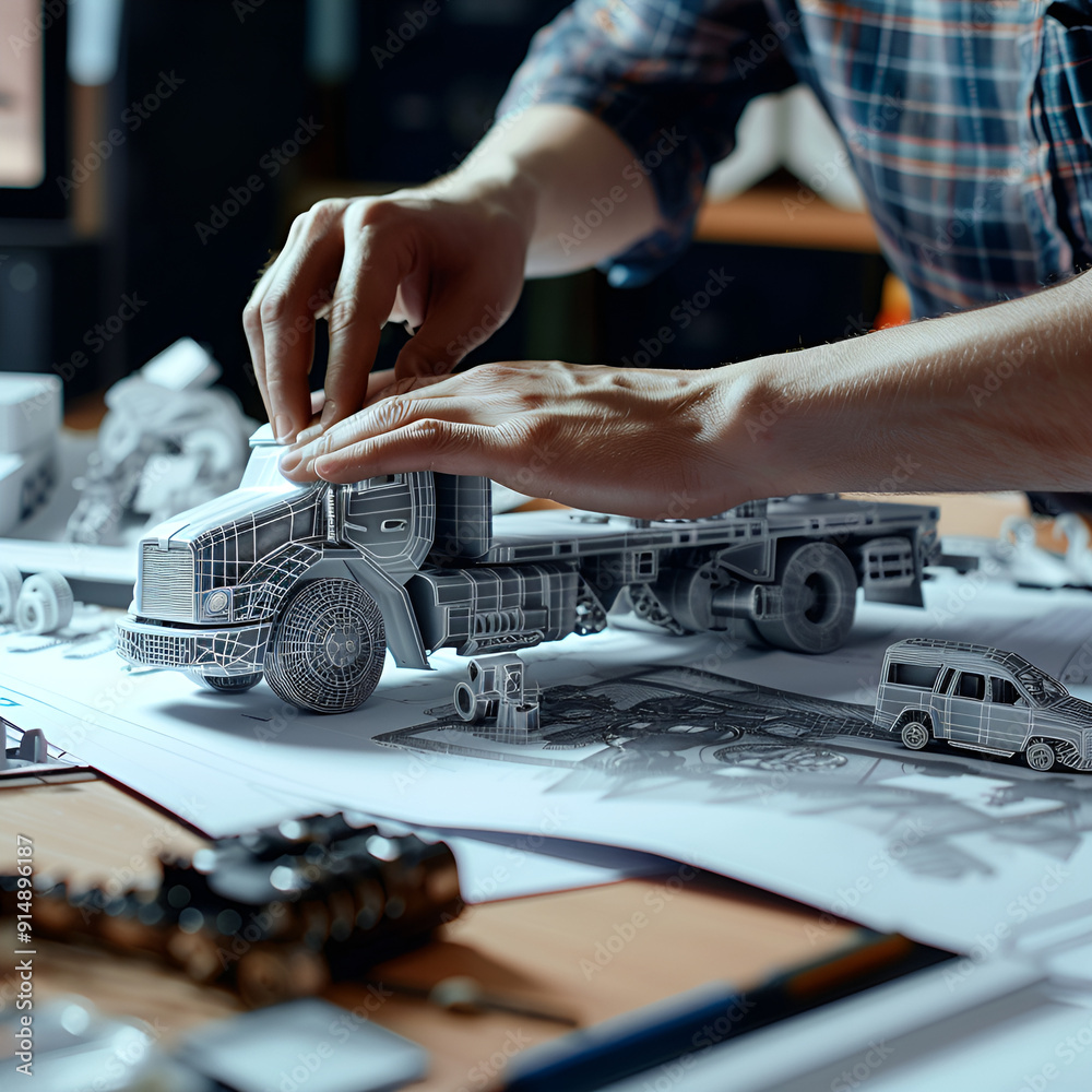 transparent car with engine model in laboratory. Hand pointing at ...