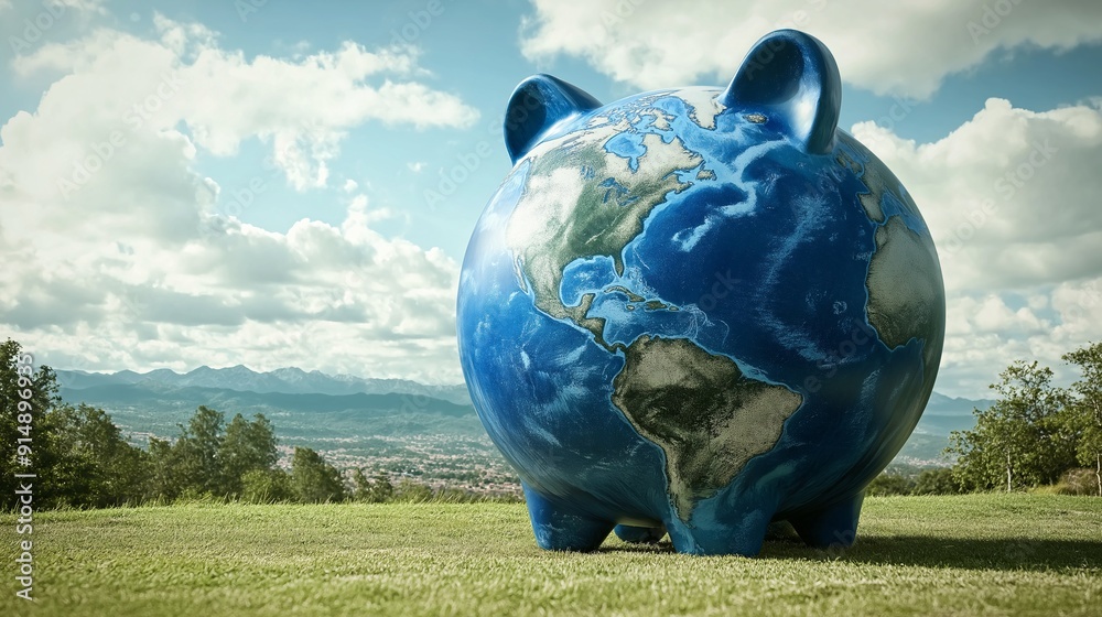 Saving Our Planet: A giant piggy bank shaped like the Earth stands on a ...