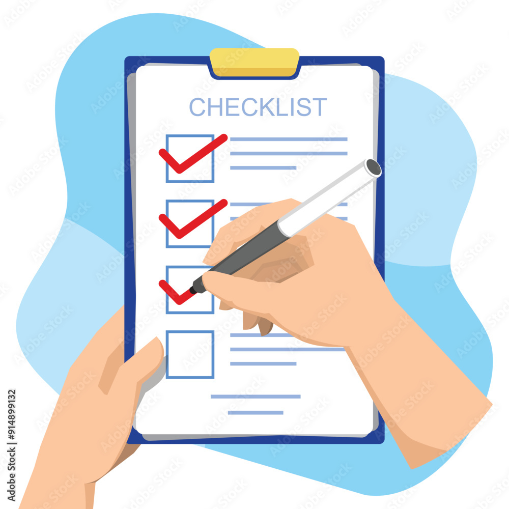 Checklist. Hand holding pen and hand holding clipboard with check list ...