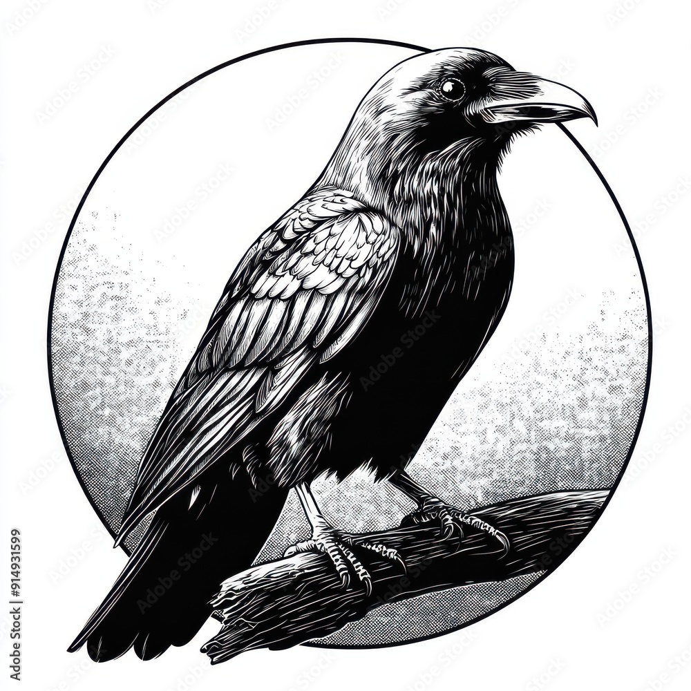 Black and white Vintage engraved art of a raven in a circular stamp ...